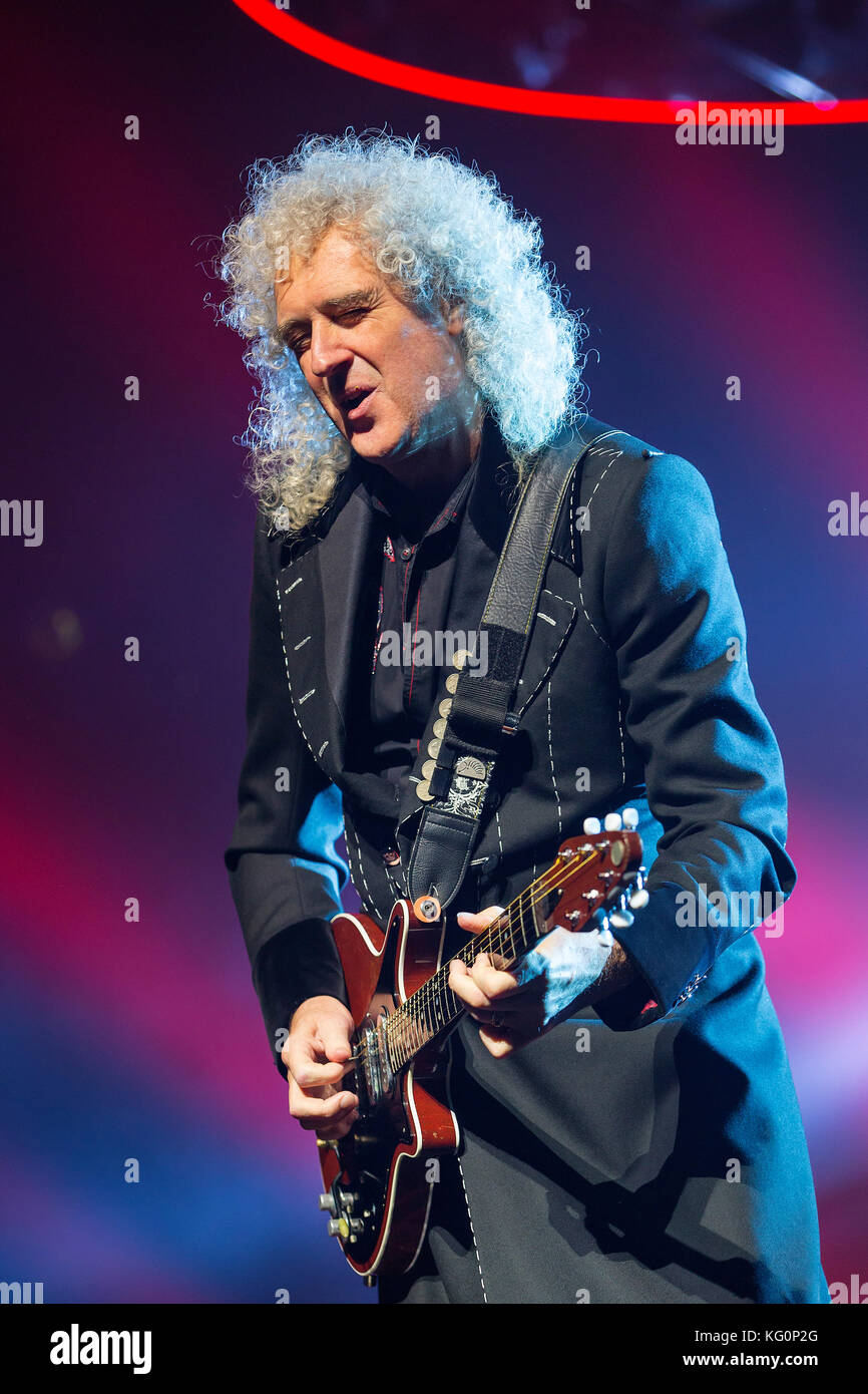 Guitarist Brian May of British group Queen performs during the concert ...