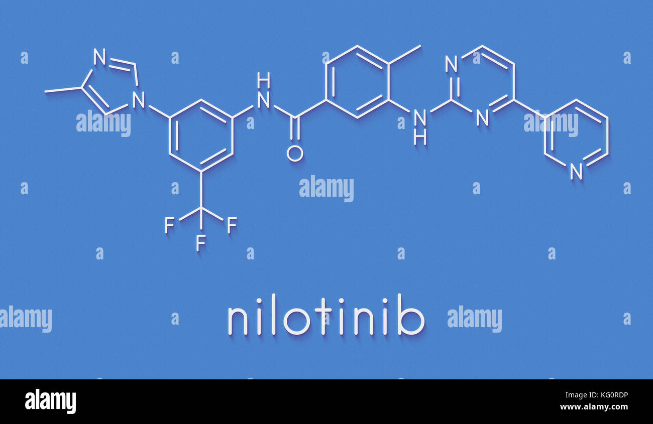 Nilotinib cancer drug molecule (tyrosine kinase inhibitor). Skeletal ...