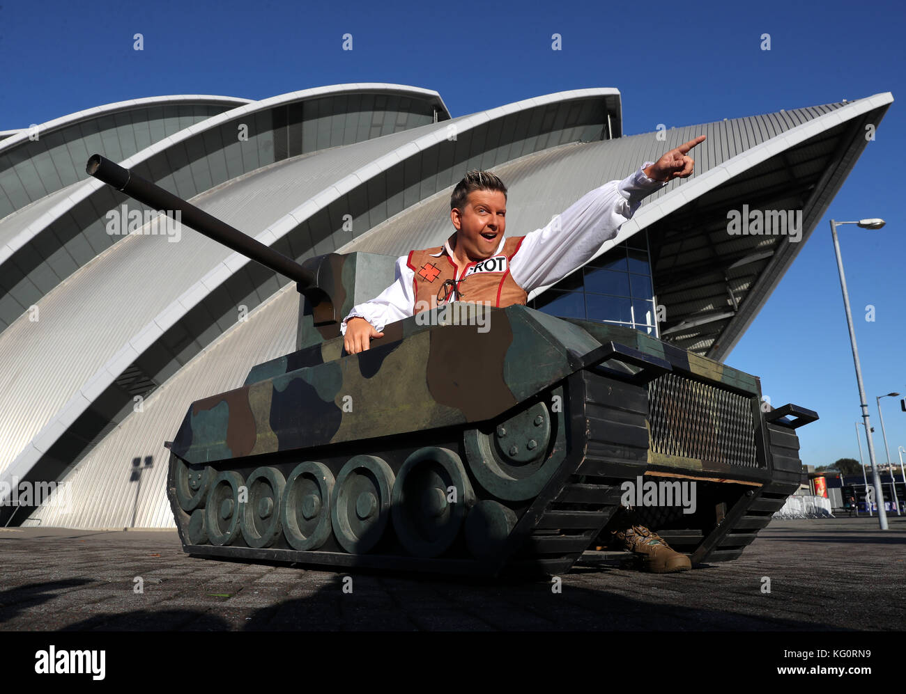 Greg McHugh as Gary: Tank Commander in his tank at the press launch for ...