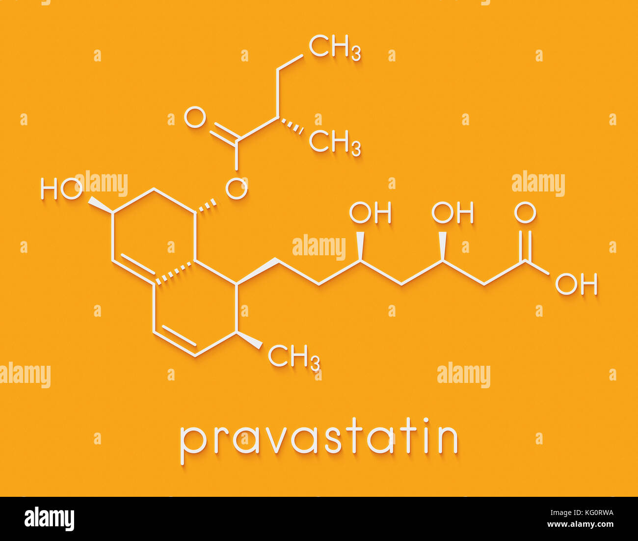 Pravastatin cholesterol lowering drug molecule. Skeletal formula Stock ...