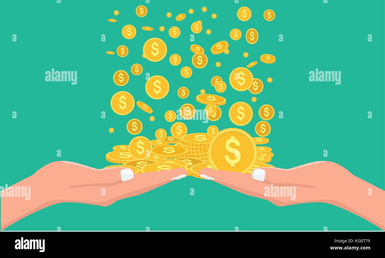 Money rain falling down into hand. Flat and solid color style Stock ...