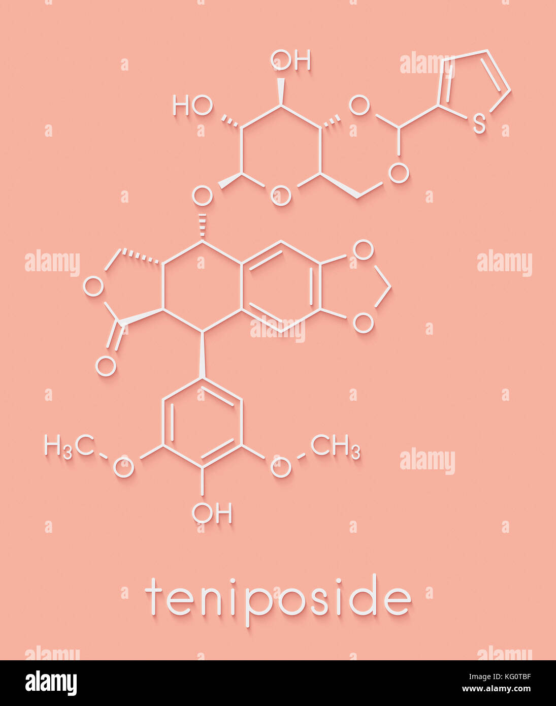 Teniposide cancer drug molecule (topoisomerase II inhibitor). Skeletal ...