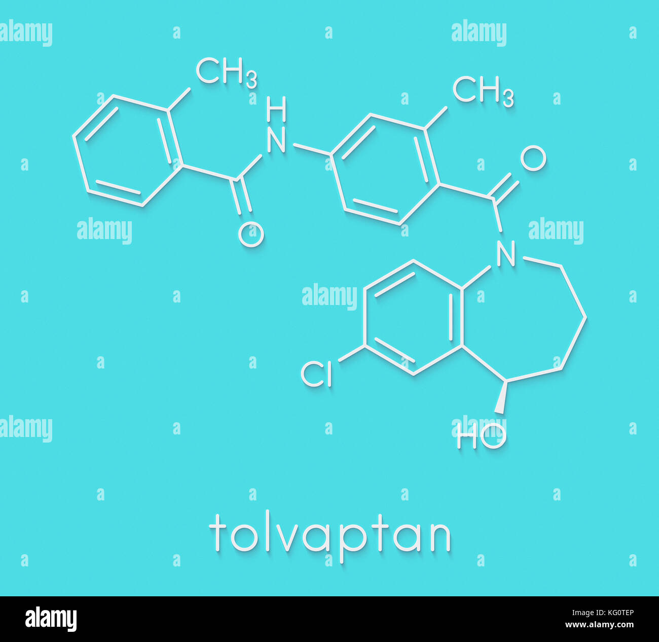 Tolvaptan hyponatremia (low blood sodium level) drug molecule. Skeletal ...