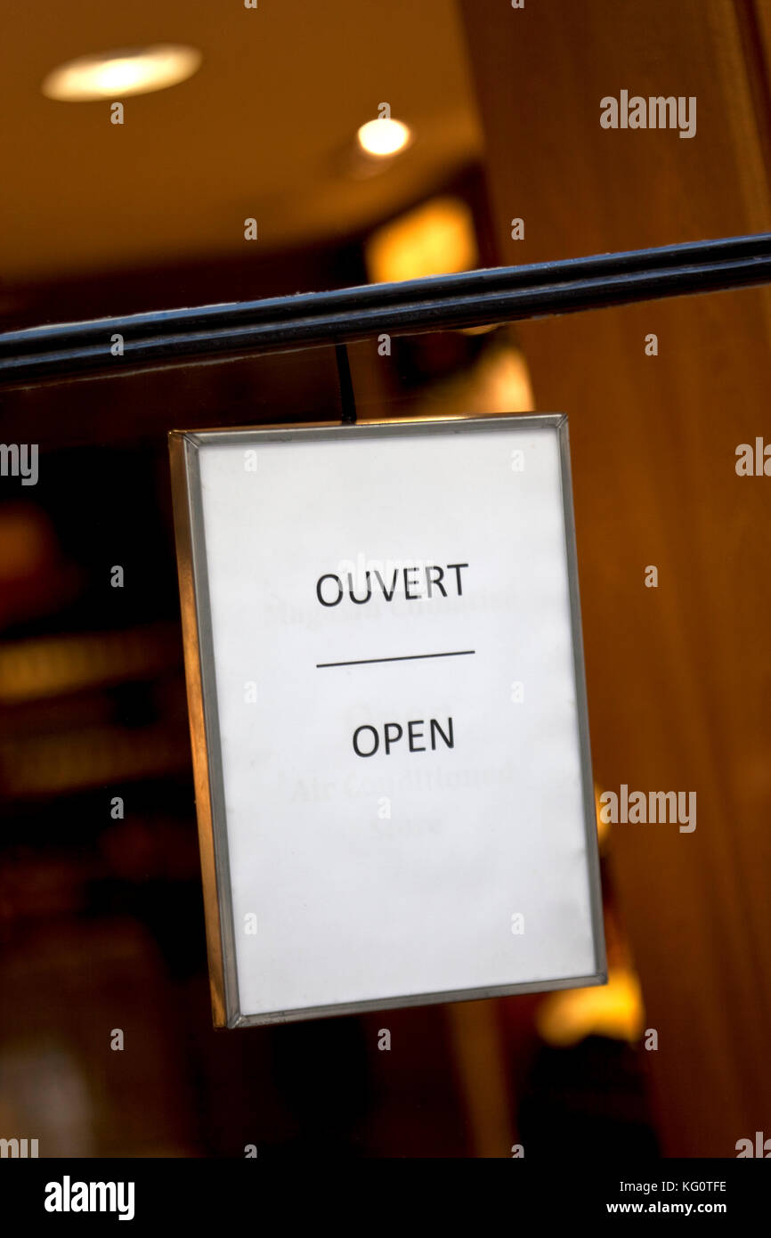 Close up of an open sign on a shop window Stock Photo - Alamy