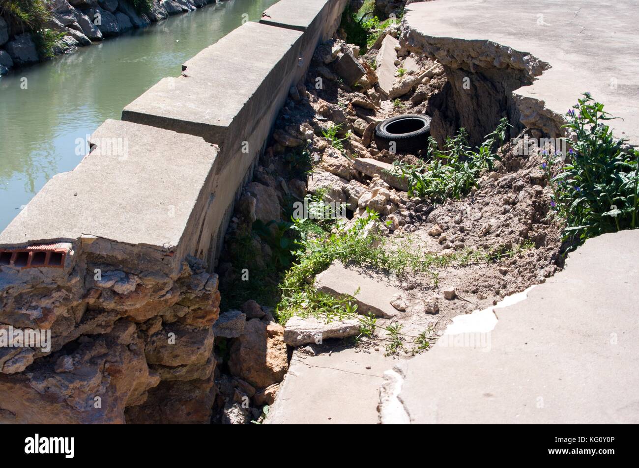 Wall of irrigation ditch in poor condition and demolished Stock Photo ...