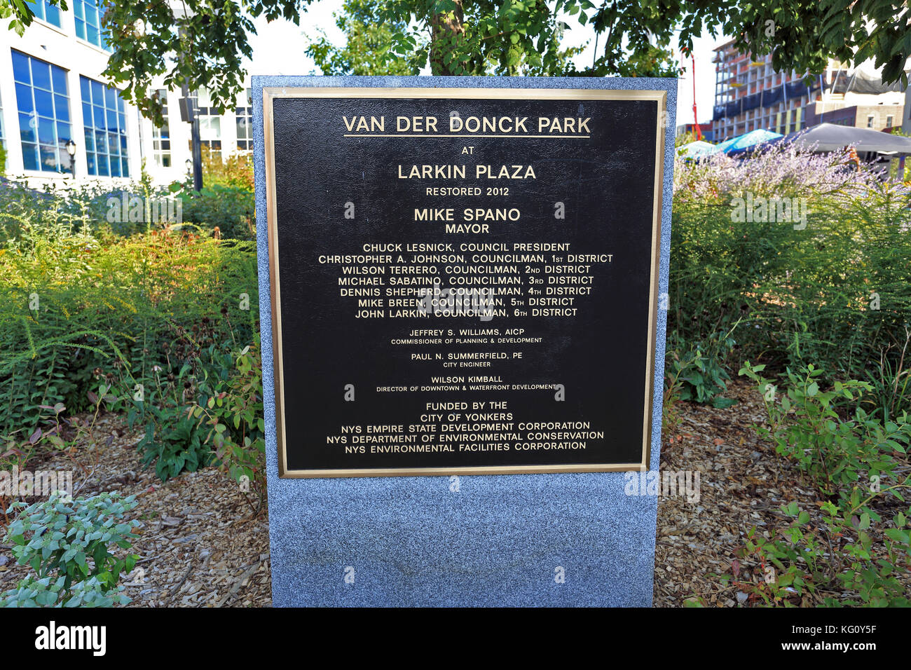 Plaque at entrance to Van der Donck Park, downtown waterfront district ...
