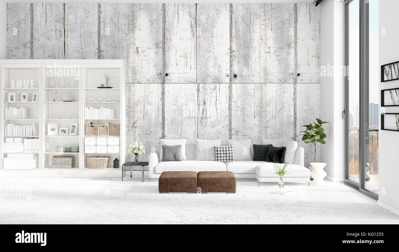 Modern loft interior in vogue with white couch and copyspace in ...