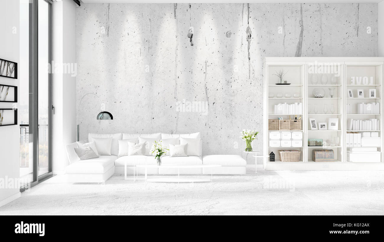 Modern loft interior in vogue with white couch and copyspace in ...