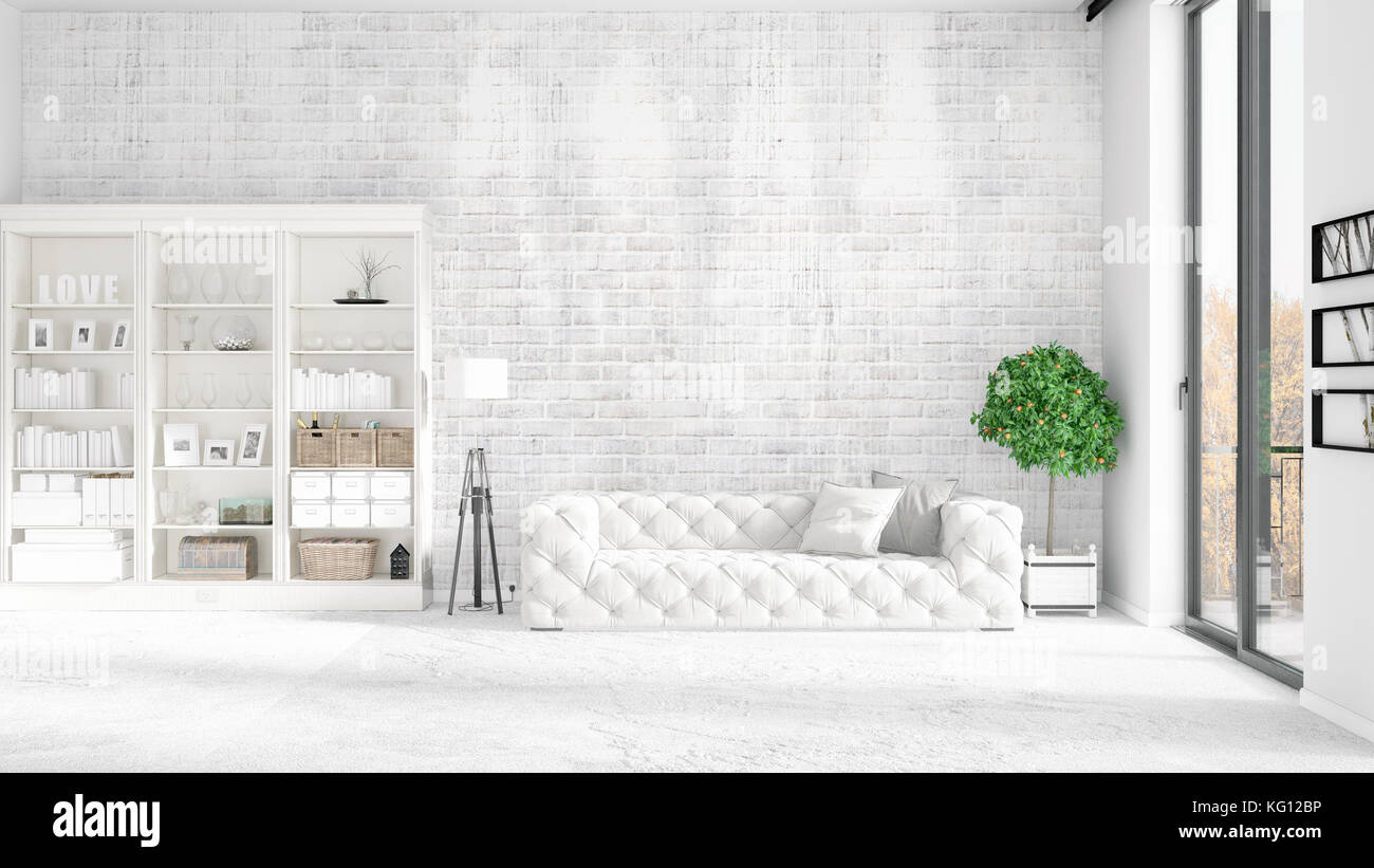 Modern loft interior in vogue with white couch and copyspace in ...