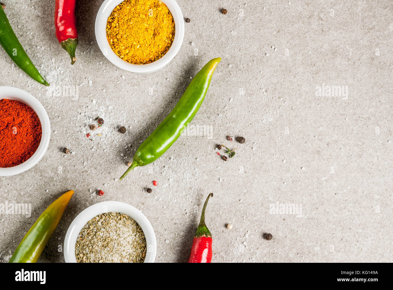 Various spices and seasonings. Cooking background. Turmeric, curry ...
