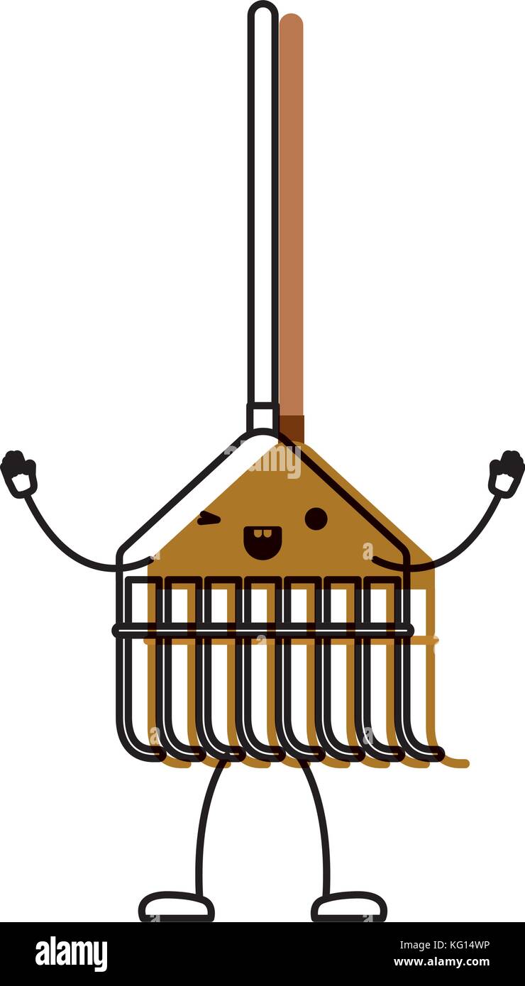 kawaii cartoon rake leaves with wooden stick in colorful watercolor ...