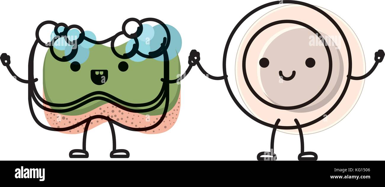 kawaii cartoon dish and sponge holding hands in colorful watercolor ...