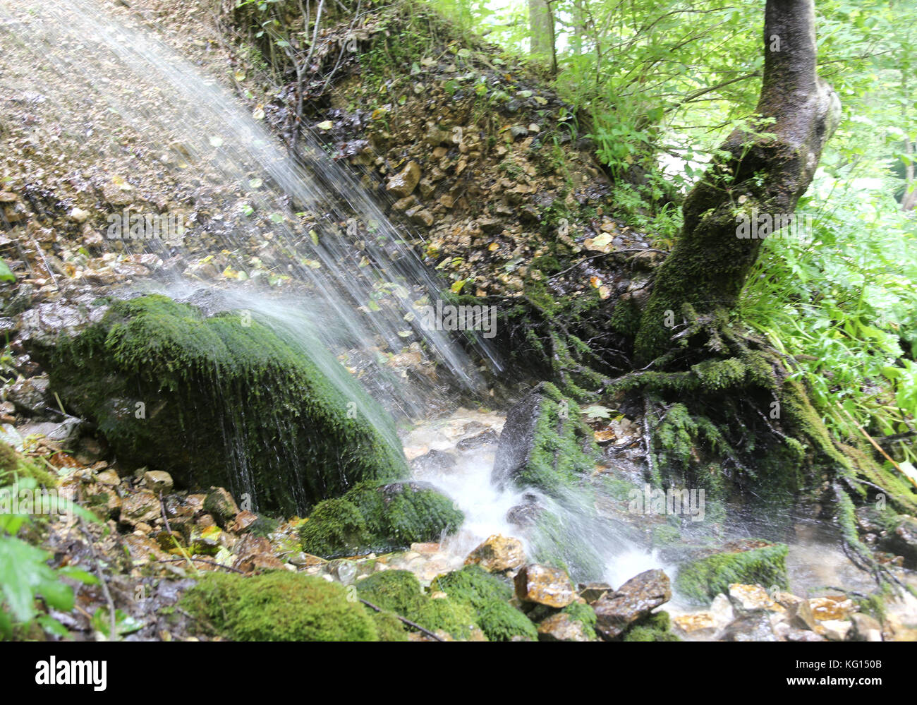 small source of pure fresh water in the mountains with long exposure ...