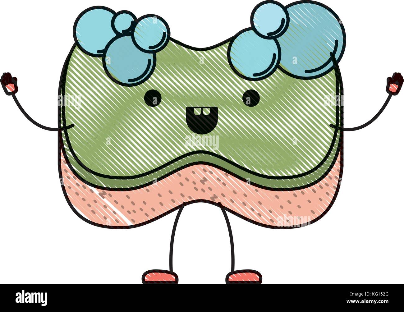 kawaii cartoon sponge with bubbles of soap in colored crayon silhouette ...
