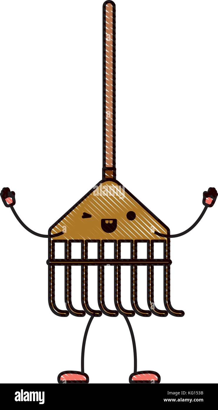 kawaii cartoon rake leaves with wooden stick in colored crayon ...