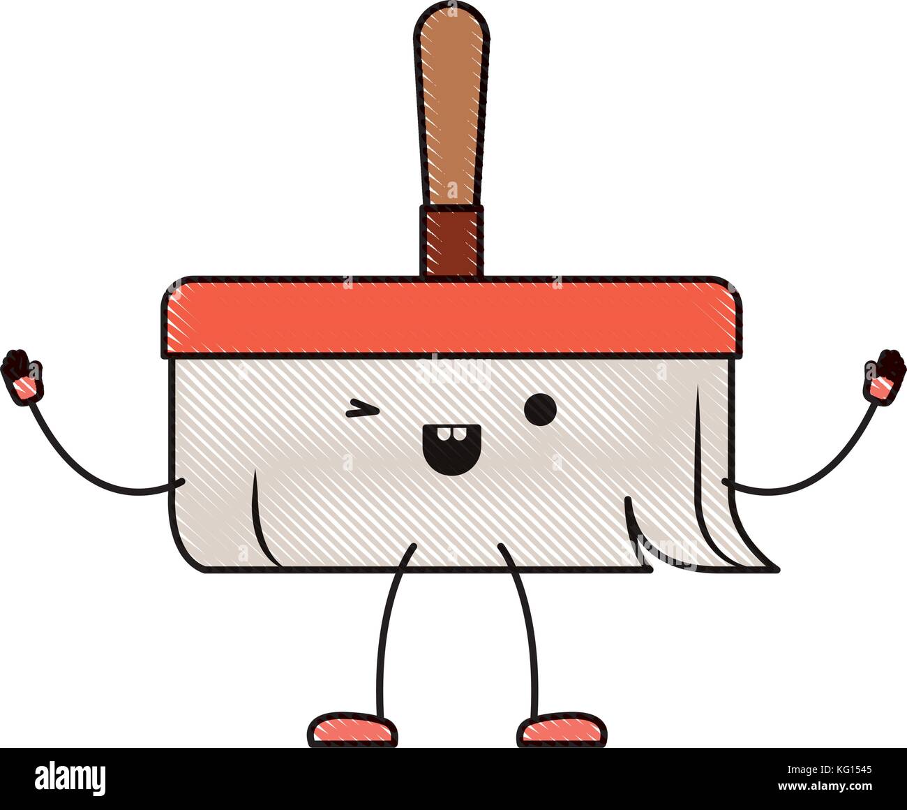 kawaii cartoon hand broom with wooden stick in colored crayon ...