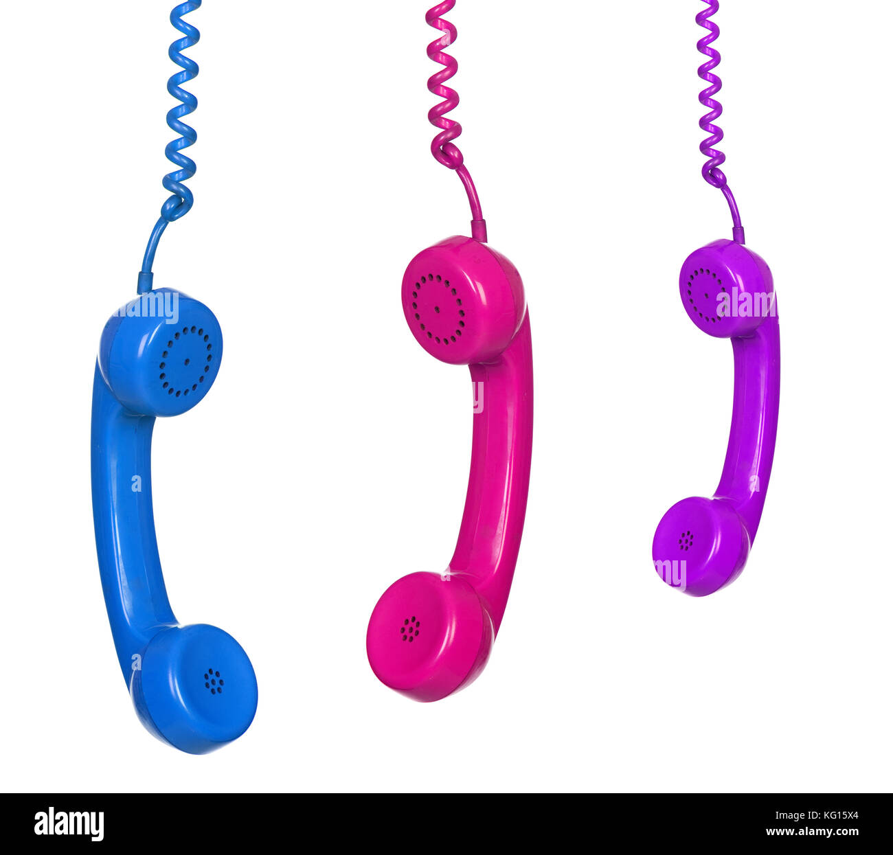 Three color phones hanging isolated on a white background with a ...