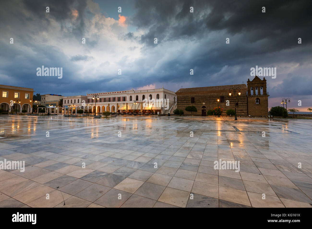 Sunrise at St Nikolaos Molou church in Solomos square in Zakynthos town ...