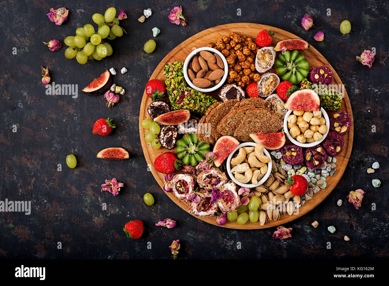 Mix fruits and nuts, healthy diet, Turkish sweets, eating lean. Flat ...