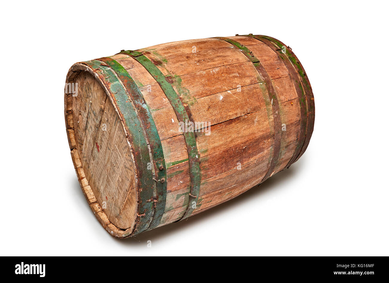 Textured wooden and iron brewery barrel from side isolated on white ...