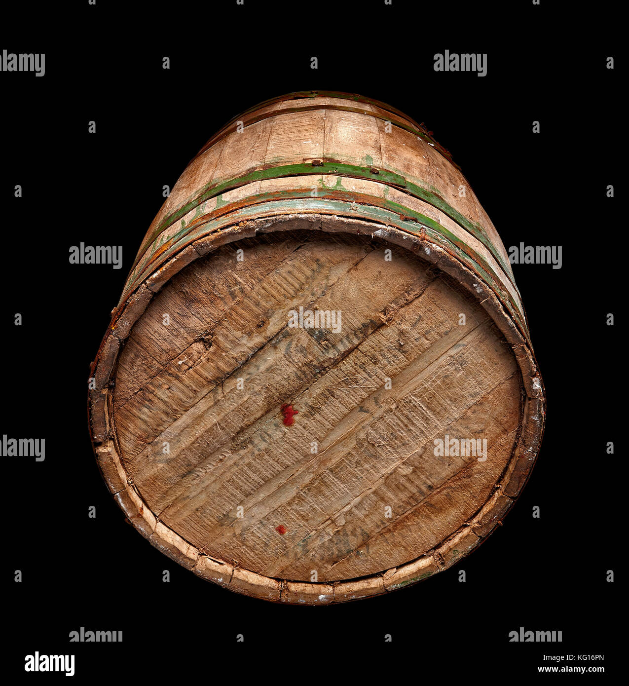Textured wooden and iron brewery barrel from front isolated on black ...