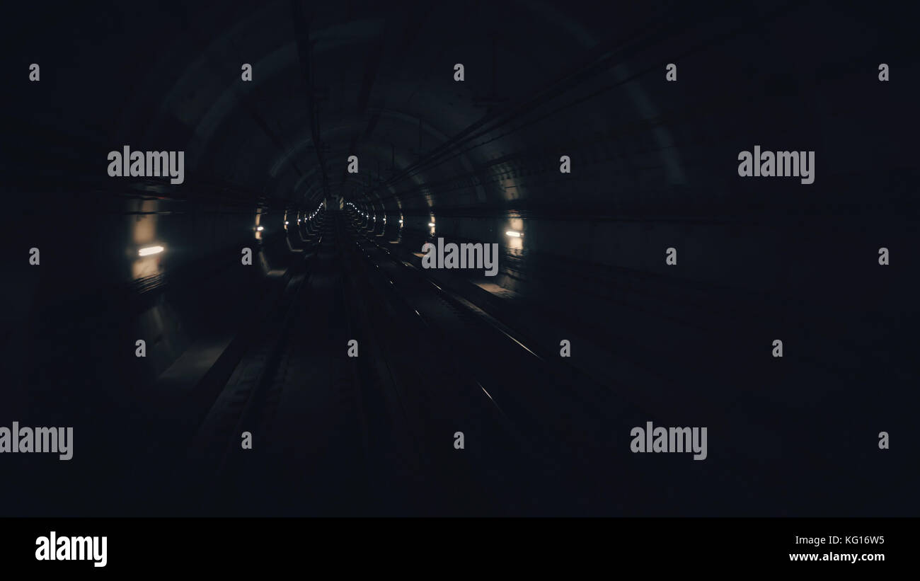 View of subway tunnel as seen from reverse of moving backward train ...