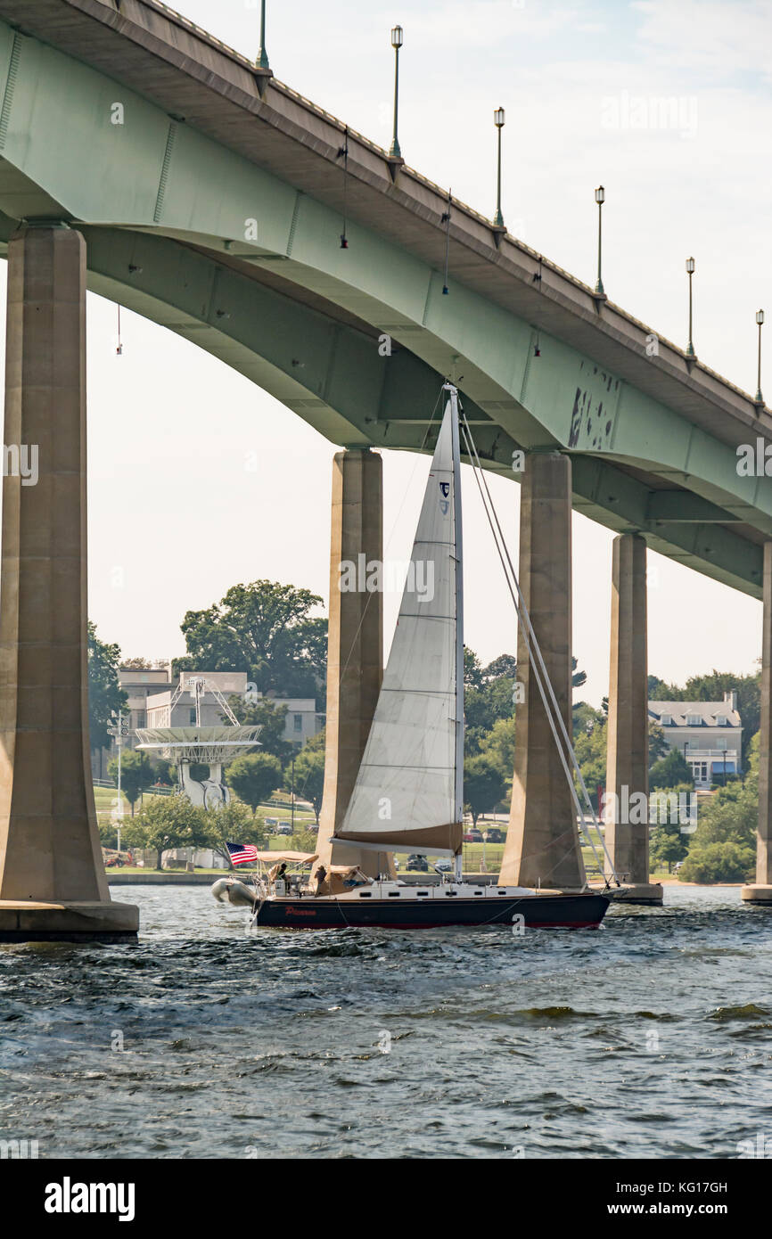 Sailboat passing under the Naval Academy Bridge on the Severn River ...