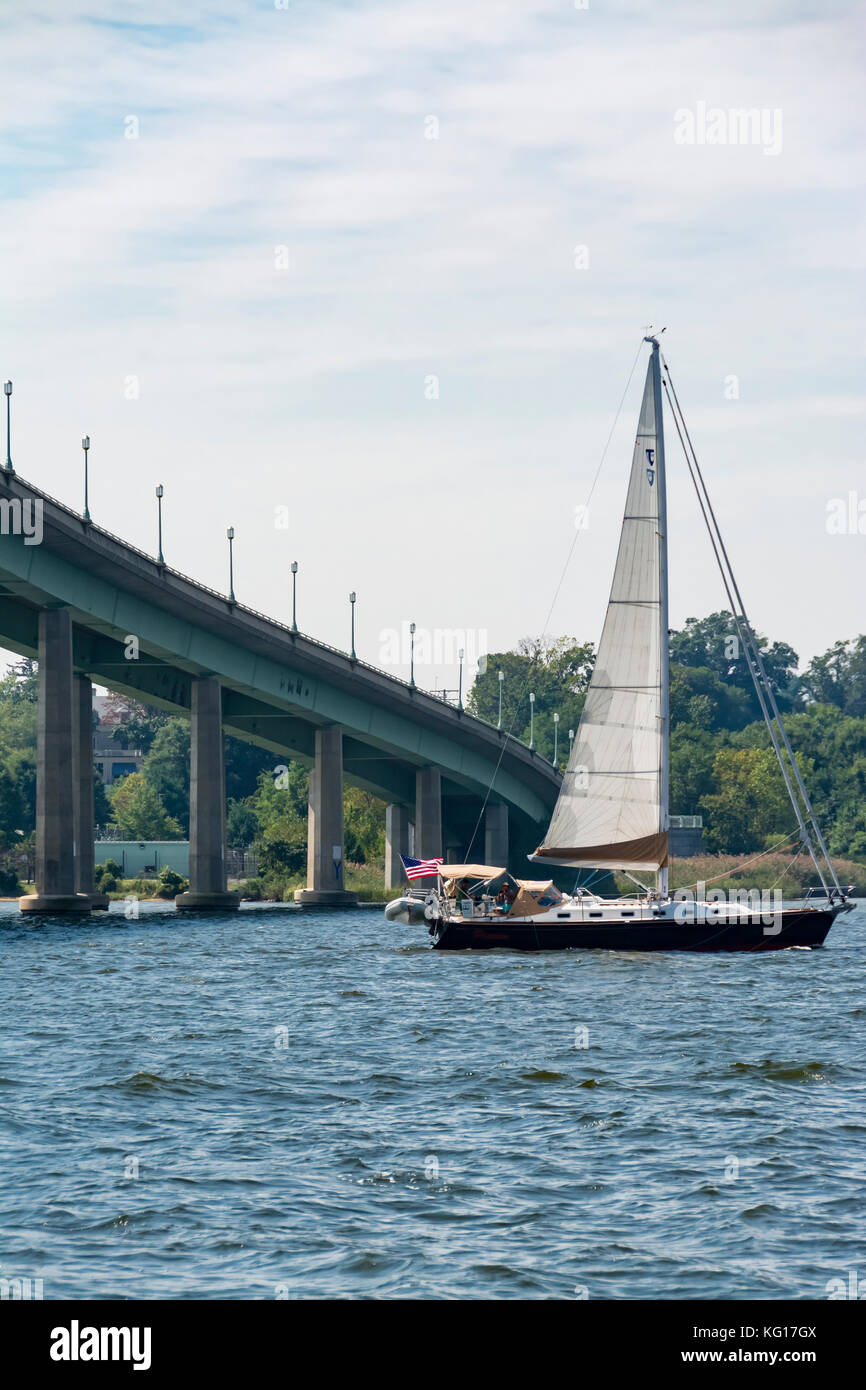 Sailboat next to the Naval Academy Bridge on the Severn River near the ...