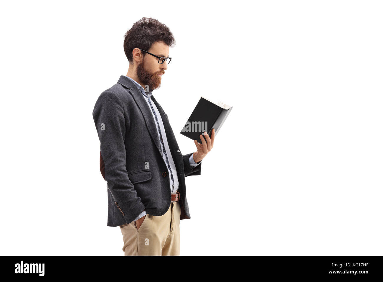 Professor reading a book isolated on white background Stock Photo - Alamy