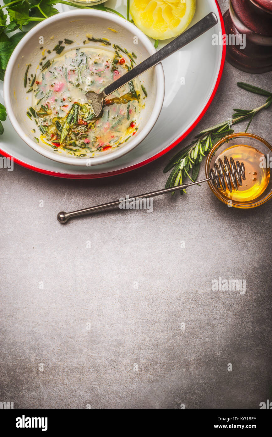 Delicious Marinade , dip or dressing making on gray stone background ...