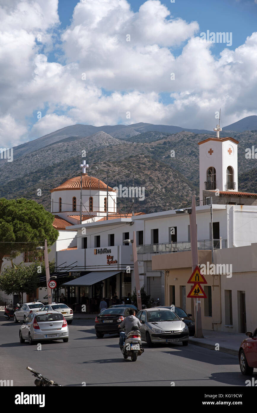 Town centre traffic and church in Malia, Crete, Greece. October 2017 ...