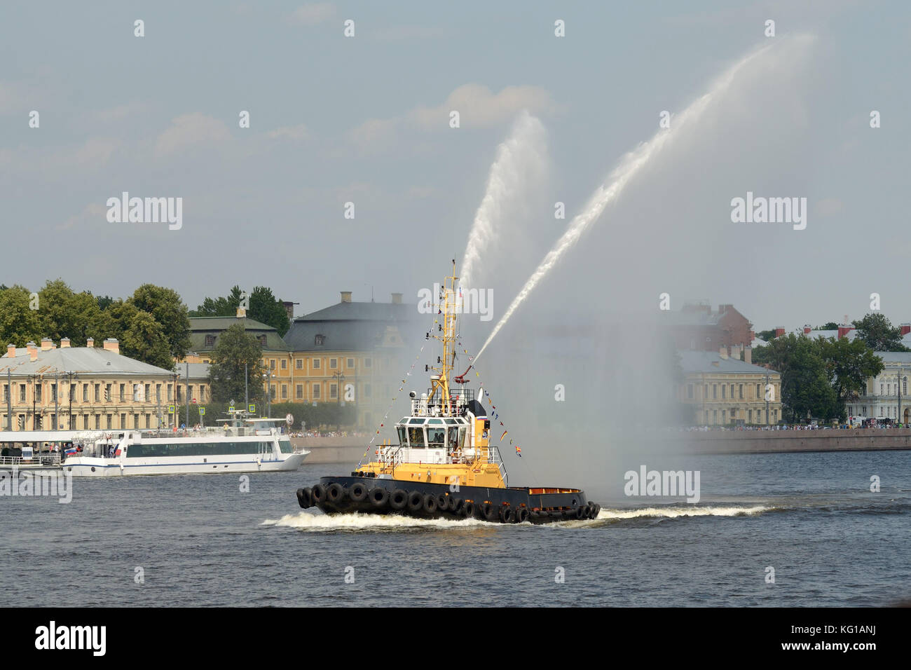 Russia.Saint-Petersburg.Marine boat tug boat on the river shows ...