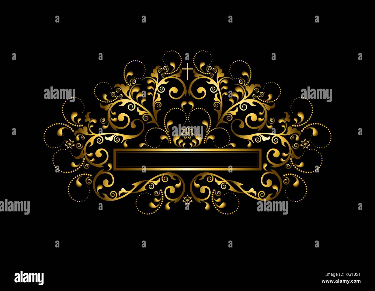 Luxury gold frame with a beads, curls and gold cross on a black ...