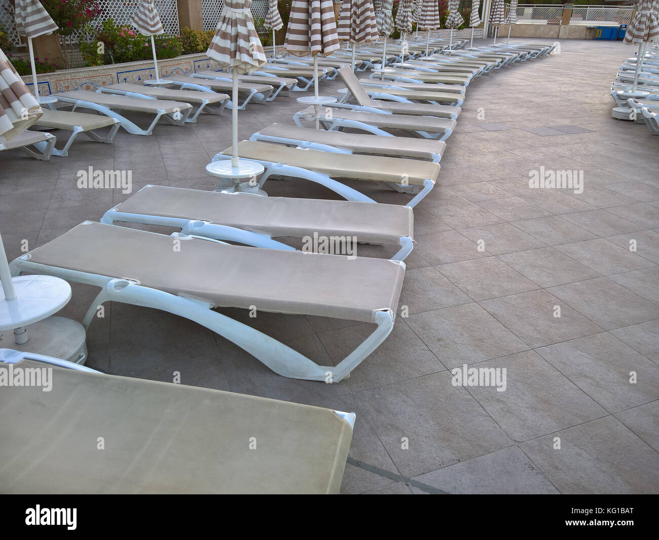 Sun beds by the beach and swimming pool Stock Photo - Alamy