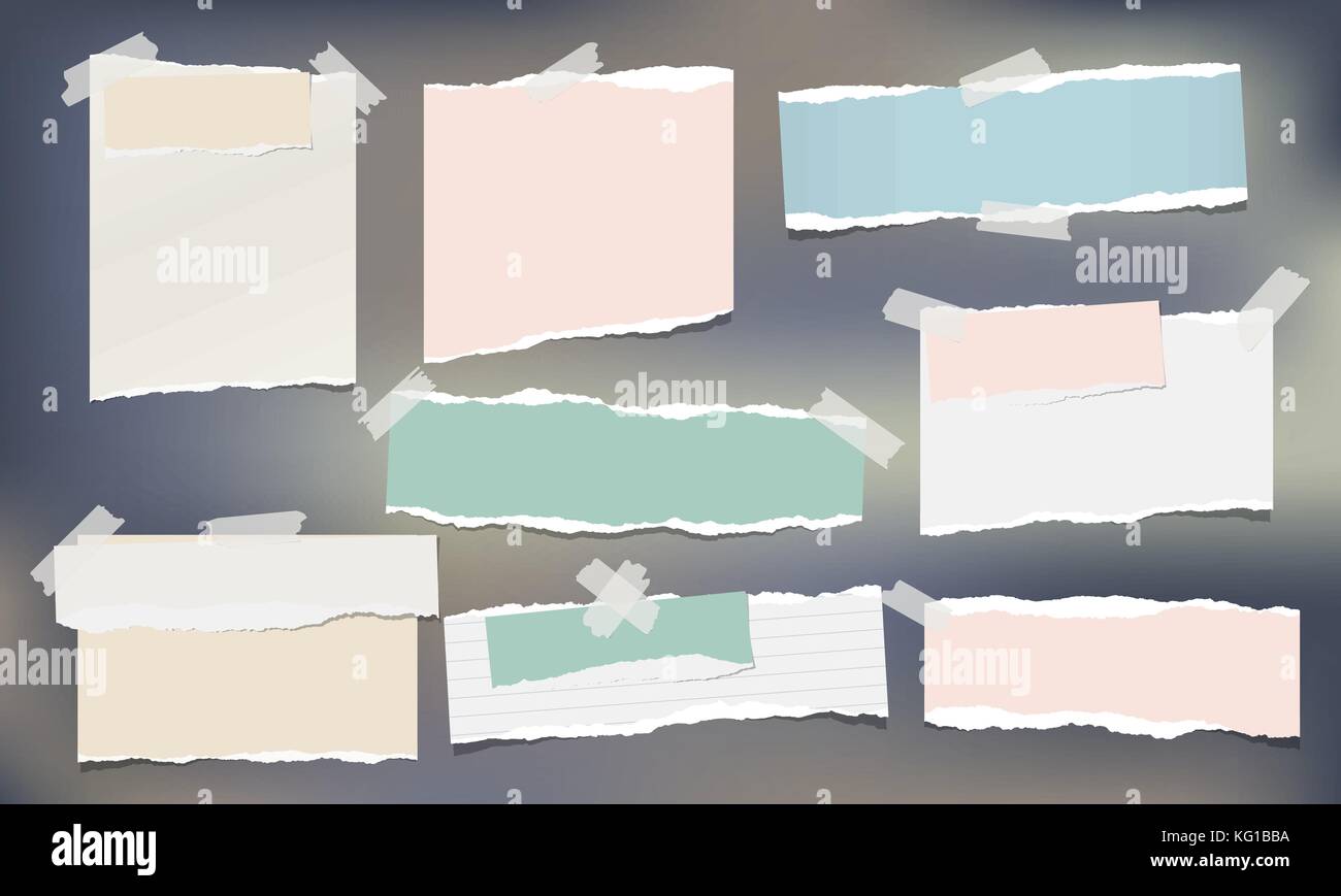 Ripped strips, notebook, note paper for text or message stuck with ...