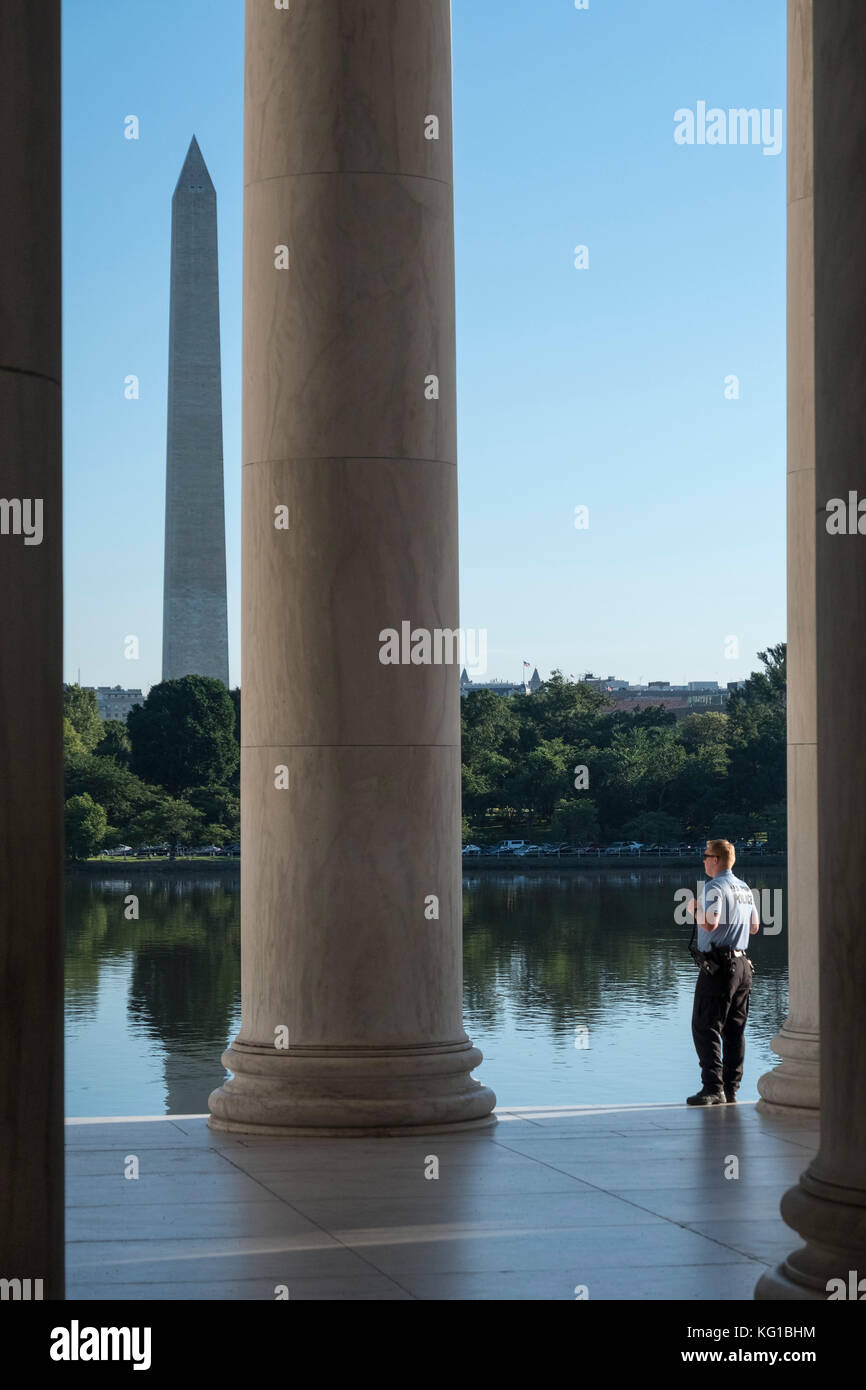 US Park Police Officer standing guard at the Jefferson Memorial with ...