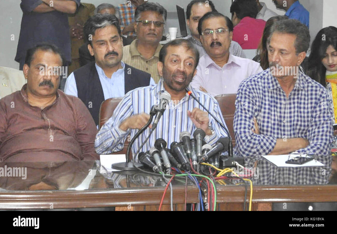 Chief of MQM-Pak Dr. Farooq Sattar addressing to media persons during a ...