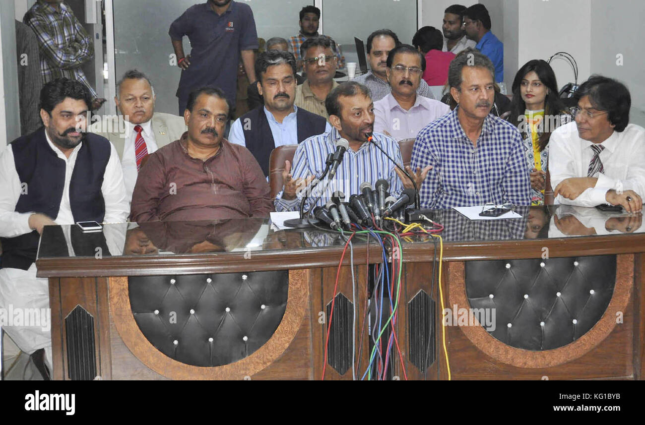 Chief of MQM-Pak Dr. Farooq Sattar addressing to media persons during a ...