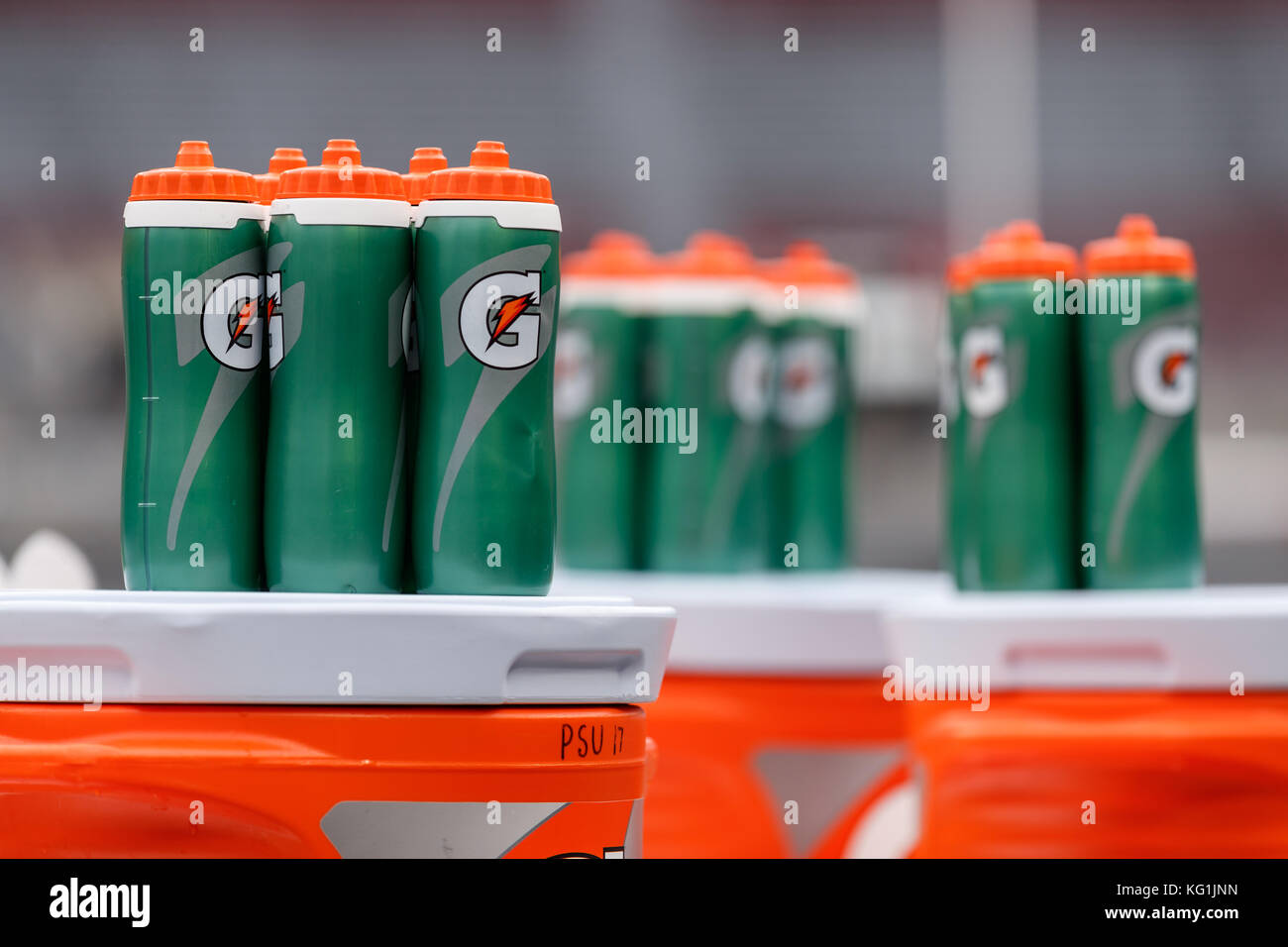October 28th, 2017: A detailed view of Gatorade water bottles and ...