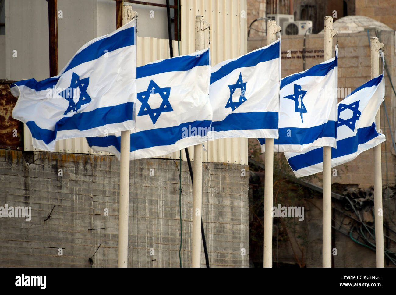 Very high resolution late afternoon view of the Israeli flags flying in ...