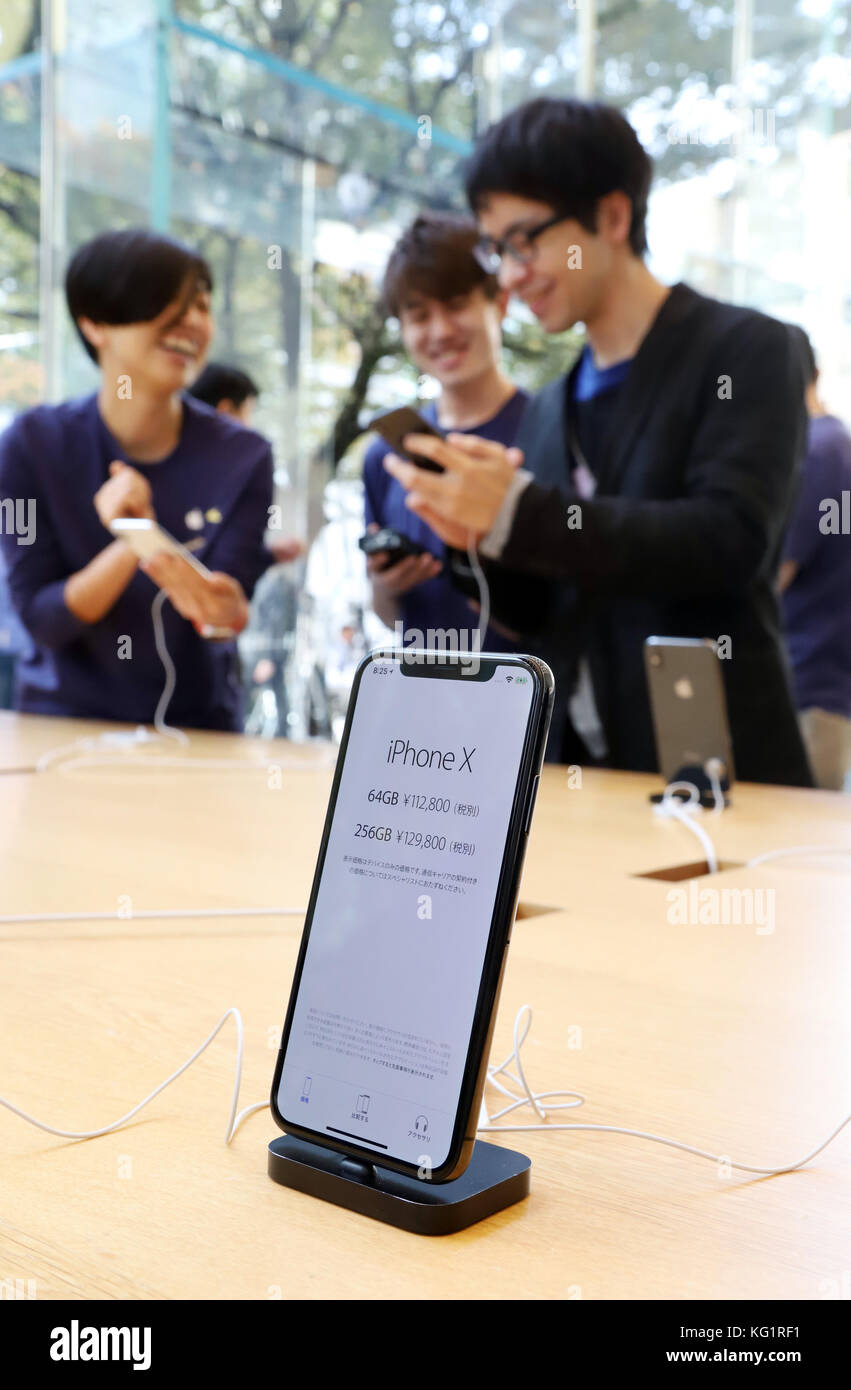 Tokyo, Japan. 3rd Nov, 2017. Customers check newly released iPhone X at ...