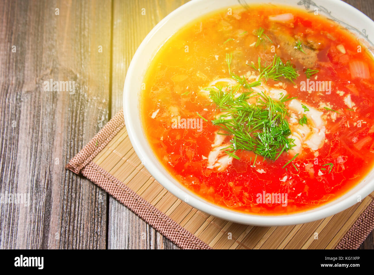 Traditional Ukrainian Russian vegetable borscht on the white wooden ...