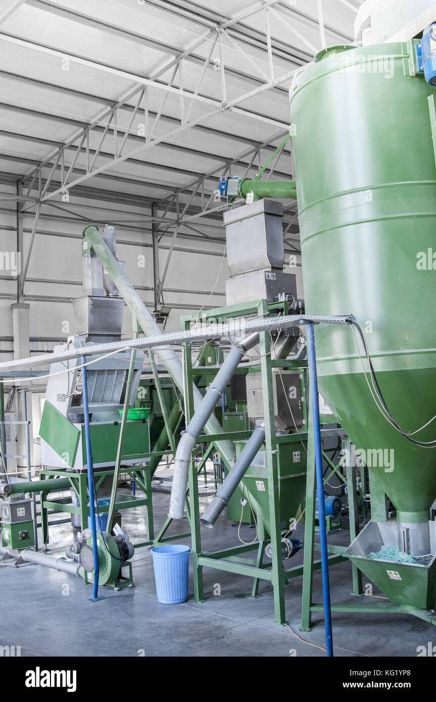 factory equipment for processing and recycling of plastic bottles. PET ...