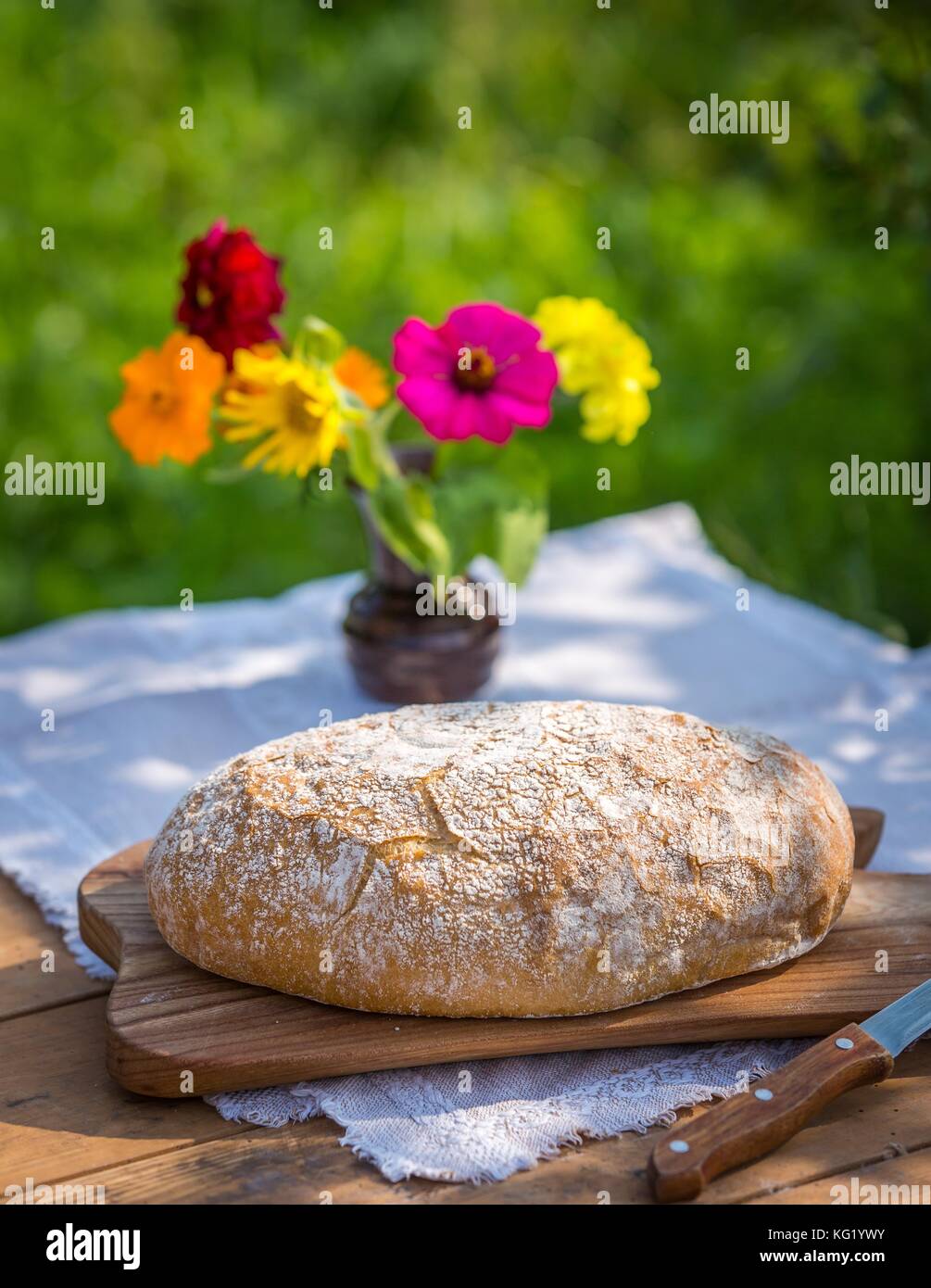 Still life with organic bread. Tasty fresh baked bread photographed on ...