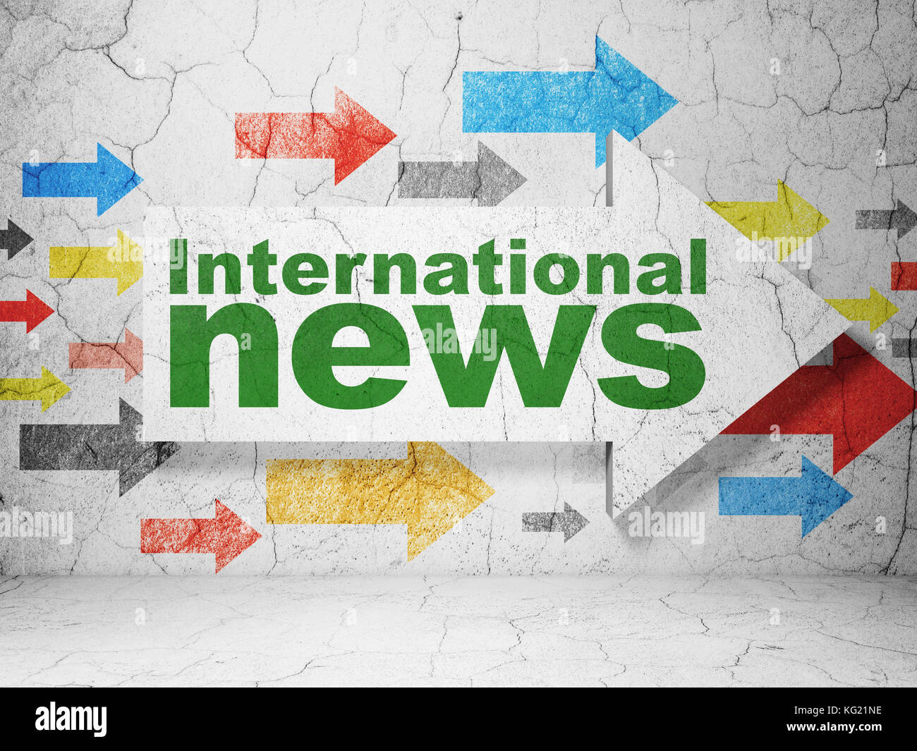 News concept: arrow with International News on grunge wall background ...