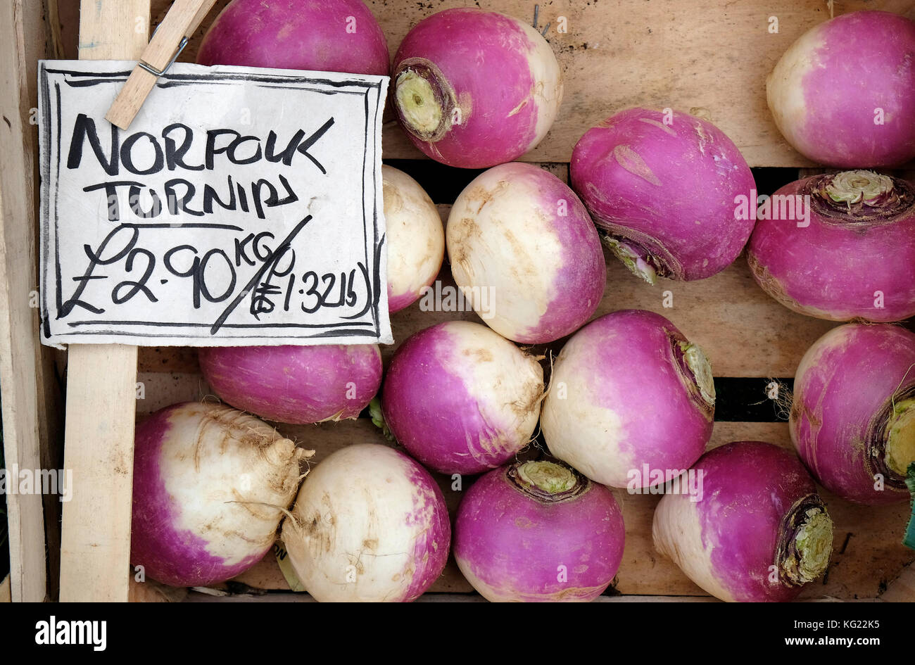 norfolk turnips in wooden tray outside greengrocers shop Stock Photo ...