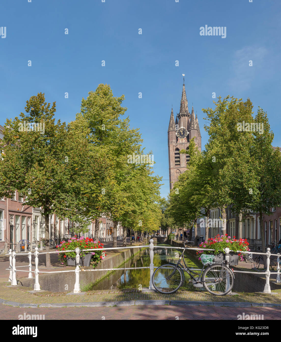 Canal called Oude Delft and the tower of the Old Church, Delft, Zuid ...