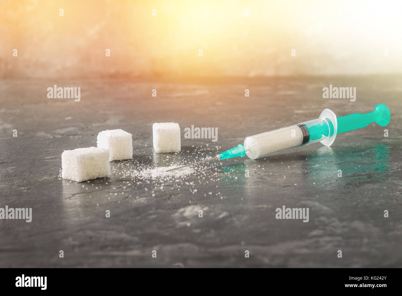 Sugar in a syringe. Conceptual depiction of dependence on the sweet ...