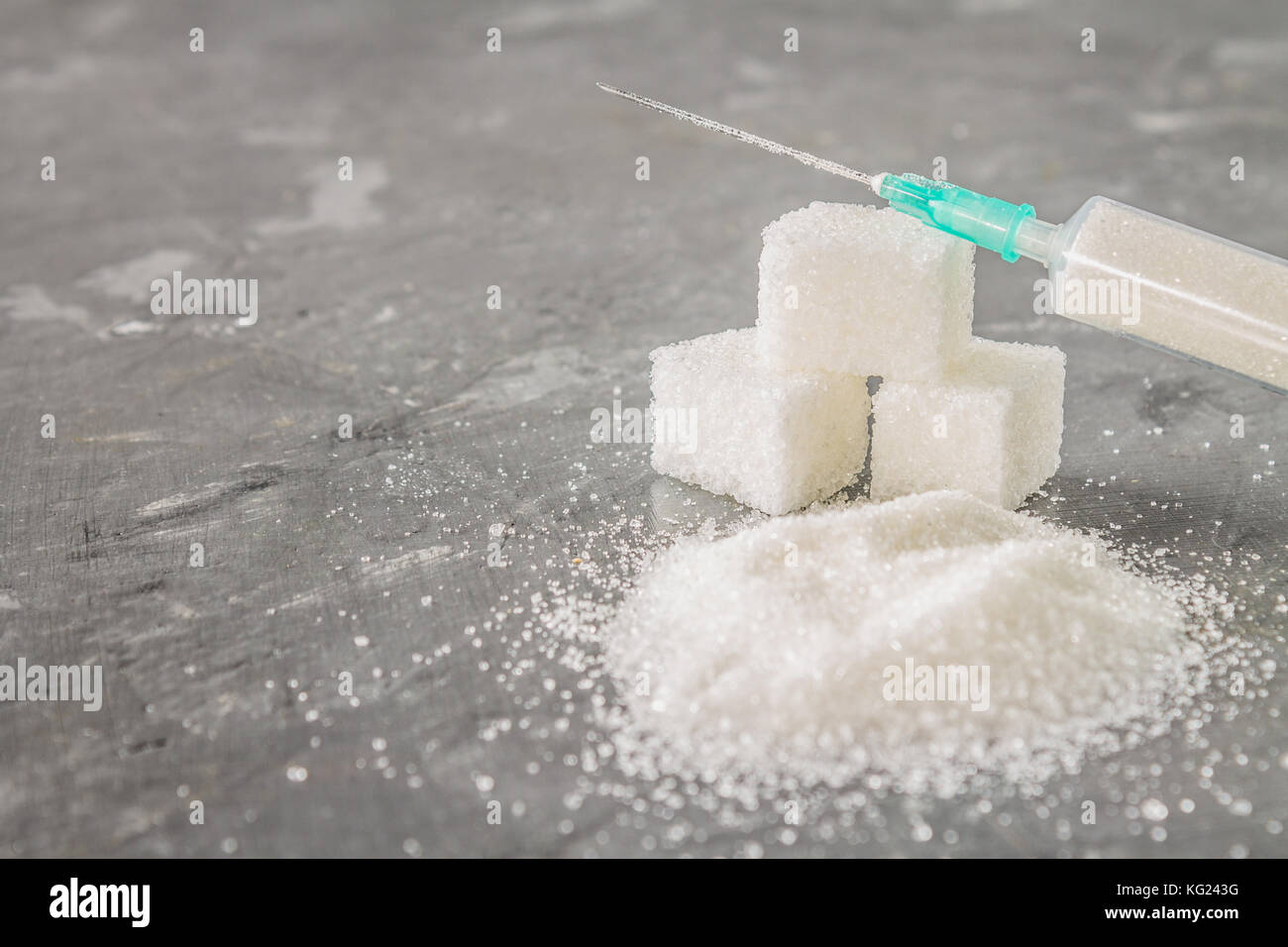 Sugar in a syringe. Conceptual depiction of dependence on the sweet ...