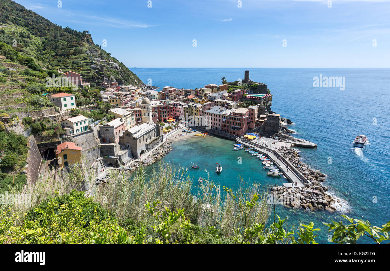 A scenic lookout over the harbour and old town of Vernazza, Cinque Terre, UNESCO World Heritage ...